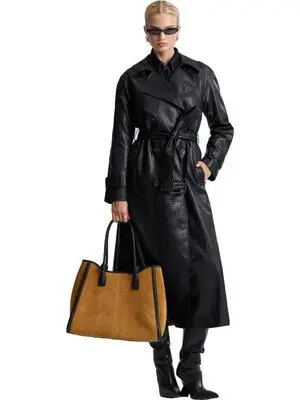 Avec Les Filles Oversized Faux Leather Trench Coat - Black