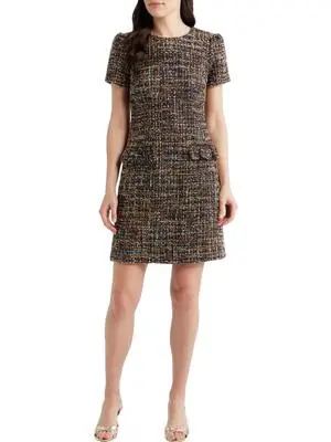 Eliza J Jewel Neck Short Sleeve Tweed Dress - Navy Multi