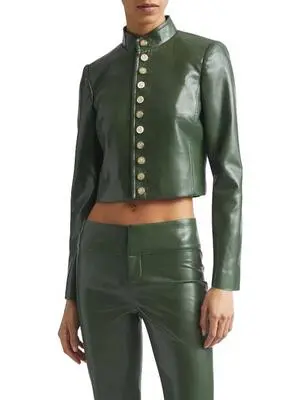 Alice + Olivia Emerson Faux Leather Cropped Jacket With Crest Buttons - Dark Fern