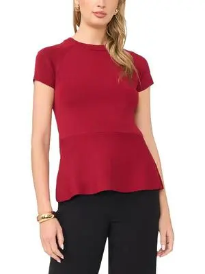 Vince Camuto Short Sleeve Ribbed Peplum Sweater - Garnet Red