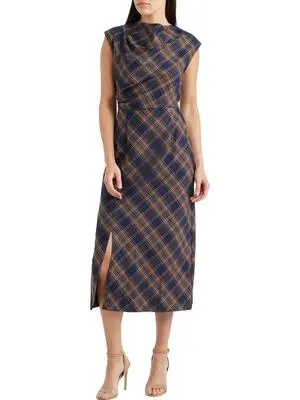 Julia Jordan Plaid Pleated Midi Dress - Navy Brown