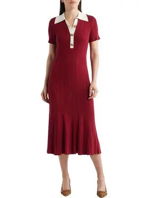 Julia Jordan Ribbed Knit Polo Dress With Contrast Trim - Red/ivory