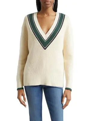 Veronica Beard Jovren Contrast Detail V-neck Sweater - Ecru
