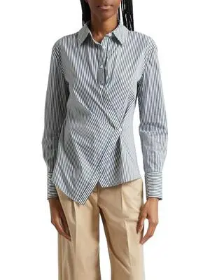 Veronica Beard Perezzi Stripe Asymmetric Button-up Shirt - Pine/white