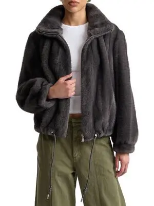 Avec Les Filles Cropped Faux Fur Bomber Jacket - Graphite