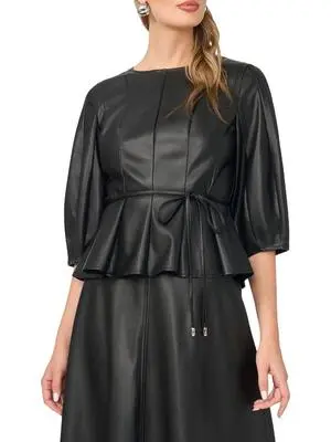 Vince Camuto Seamed Faux Leather Top With Peplum And Tie Detail - Rich Black