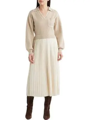 ZOE AND CLAIRE Two-tone Sweater Dress With Pleated Skirt - Beige