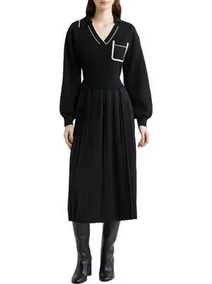 ZOE AND CLAIRE Two-tone Sweater Dress With Pleated Skirt - Black/ivory