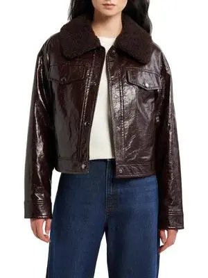 Michael Kors Faux Patent Leather & Faux Shearling Trimmed Jacket - Deep Red