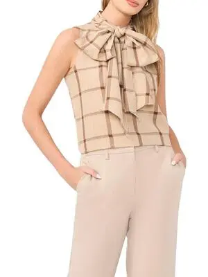 Vince Camuto Check Tie Neck Sleeveless Top - Fall Camel