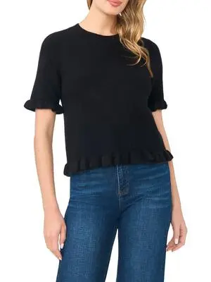 CECE DUPRAZ Ruffle Trim Short Sleeve Fine Knit Sweater - Rich Black