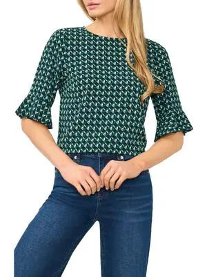 CECE DUPRAZ Geo Print Ruffle Cuff Top - Deep Spruce