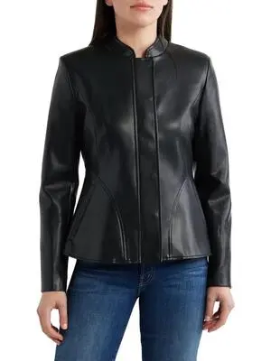 Via Spiga Zip Front Faux Leather Jacket - Black