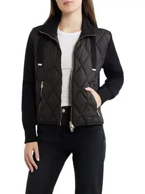 Bernardo Mixed Media Quilted Sweater Jacket With Drawstring Stand Collar - Black