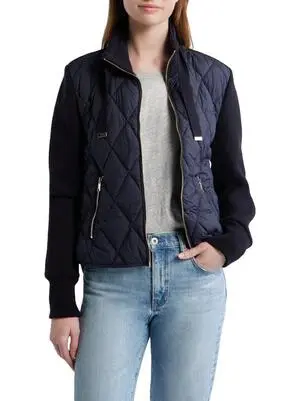 Bernardo Mixed Media Quilted Sweater Jacket With Drawstring Stand Collar - Navy