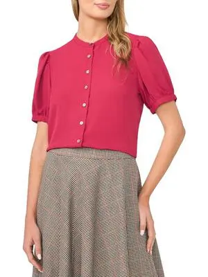 Halogen Puff Sleeve Band Collar Button-up Top - Deep Cherry