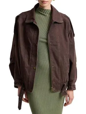 Avec Les Filles Belted Denim Bomber Jacket - Brown
