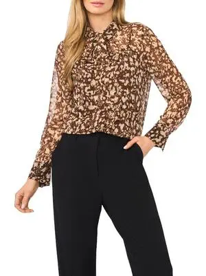 Halogen Printed Tie Neck Long Sleeve Top - Chicory Coffee