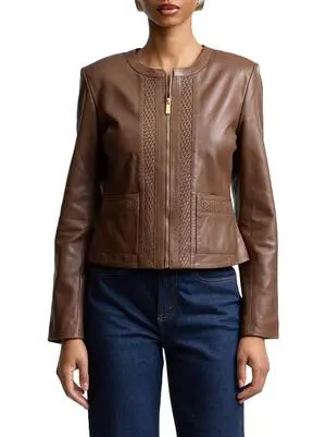 Bagatelle Basketweave Detail Leather Jacket - Saddle