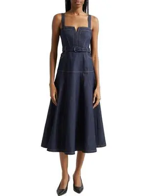 CINQ À SEPT Cinq À Sept Tina Belted Stretch Denim Midi Sundress