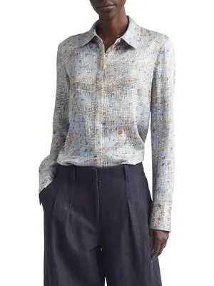 Lafayette 148 New York Scottie Stretch Silk Printed Shirt - Blue Oasis Multi