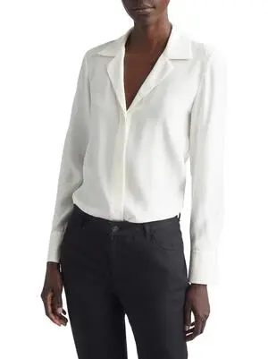 Lafayette 148 New York Scottie Notched Collar Silk Button-up Shirt - Cloud