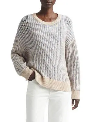 Lafayette 148 New York Open-stitch Cashmere & Silk Crewneck Sweater - Blue Oasis Multi