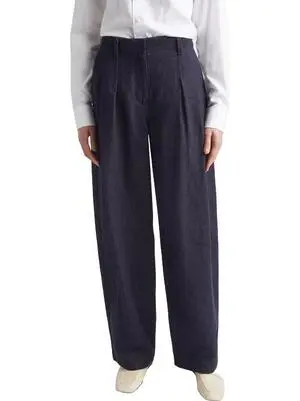 Lafayette 148 New York Wyatt Pleated Cotton & Linen Barrel Leg Pants - Navy