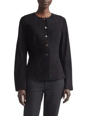 Lafayette 148 New York Suede Fitted Collarless Jacket - Black