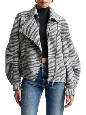 Avec Les Filles Zebra Jacquard Layered Bomber Jacket - Grey Zebra