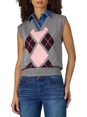 Wit & Wisdom Argyle Sweater Vest With Denim Collar - Charcoal Multi