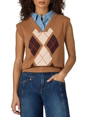 Wit & Wisdom Argyle Sweater Vest With Denim Collar - Saddle Multi/light Blue