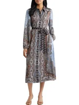Julia Jordan Mixed Paisley Long Sleeve Midi Shirtdress - Blue Multi