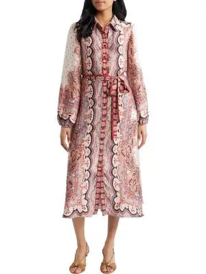 Julia Jordan Mixed Paisley Long Sleeve Midi Shirtdress - Rust Multi