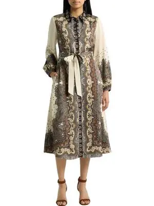 Julia Jordan Mixed Paisley Long Sleeve Midi Shirtdress - Sand Multi