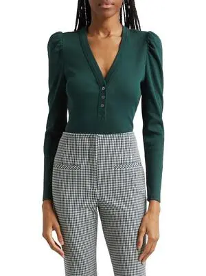 Veronica Beard Dekalb Rib Puff Shoulder Henley - Pine