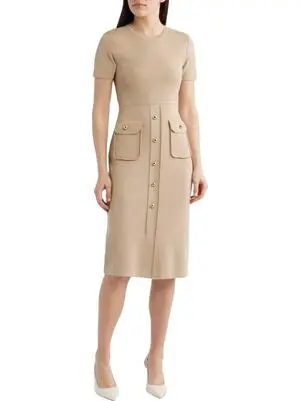 Eliza J Fitted Midi Sweater Dress With Button Details - Oatmeal