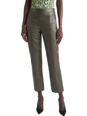 St. John Cropped Straight Leg Leather Pants - Olive