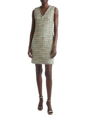 St. John Forest Tweed V-neck Sleeveless Dress - Pine/olive Multi