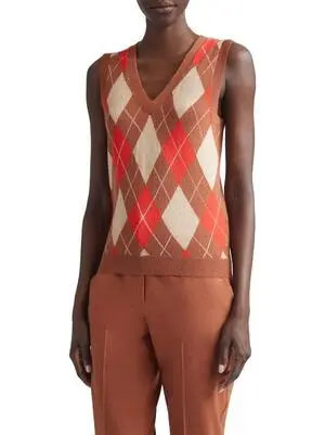 St. John Argyle Plaid V-neck Sweater Vest - Camel/rust/persimmon Multi