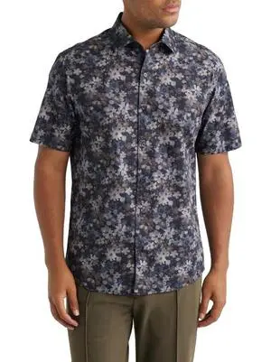 Robert Barakett Kyoto Floral Short Sleeve Cotton Button-up Shirt - Black