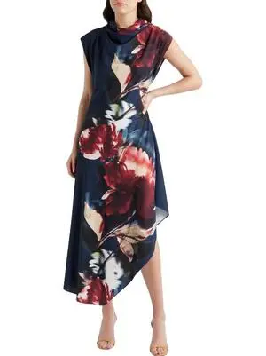 Maggy London Floral Print Asymmetrical Cowl Neck Cap Sleeve Dress - Navy