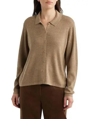 Eileen Fisher Ribbed Wool Cardigan - Biscuit