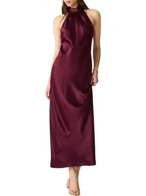 Steve Madden Alanah Halter Neck Satin Midi Dress With Bow Detail - Deep Fig