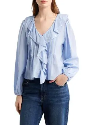 Madewell Lace Insert Ruffled Pintuck Long Sleeve Top - Tranquil Blue