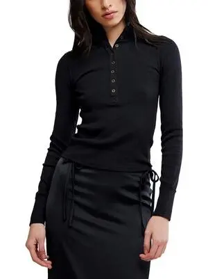 Free People Stand Collar Stretch Cotton Rib Henley - Black