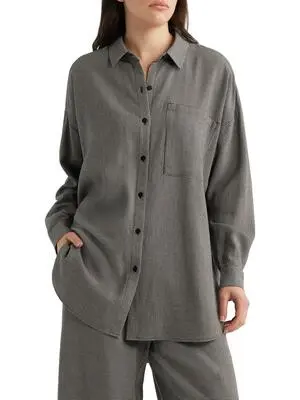 Eileen Fisher Classic Collar Organic Yarn-dyed Check Longline Button-up Shirt - Chalk