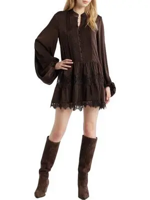 Bardot Antonia Lace Trim Long Sleeve Satin Minidress - Dark Choco