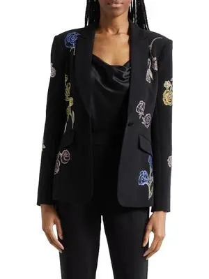 Cinq À Sept Floral Ribbons Diamante Crepe Jacket - Black Multi
