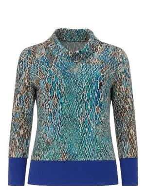 CONQUISTA Long Sleeve Print Top With Contrast Hem - Blue